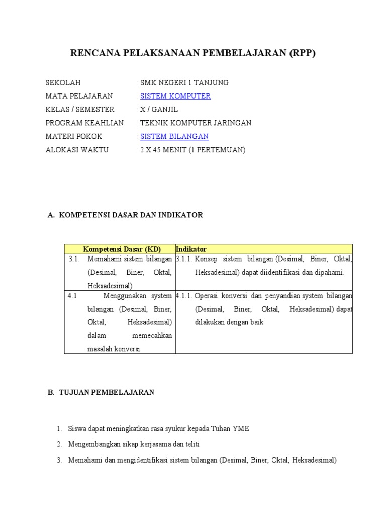 RPP Sistem Komputer Kelas X TKJ | PDF