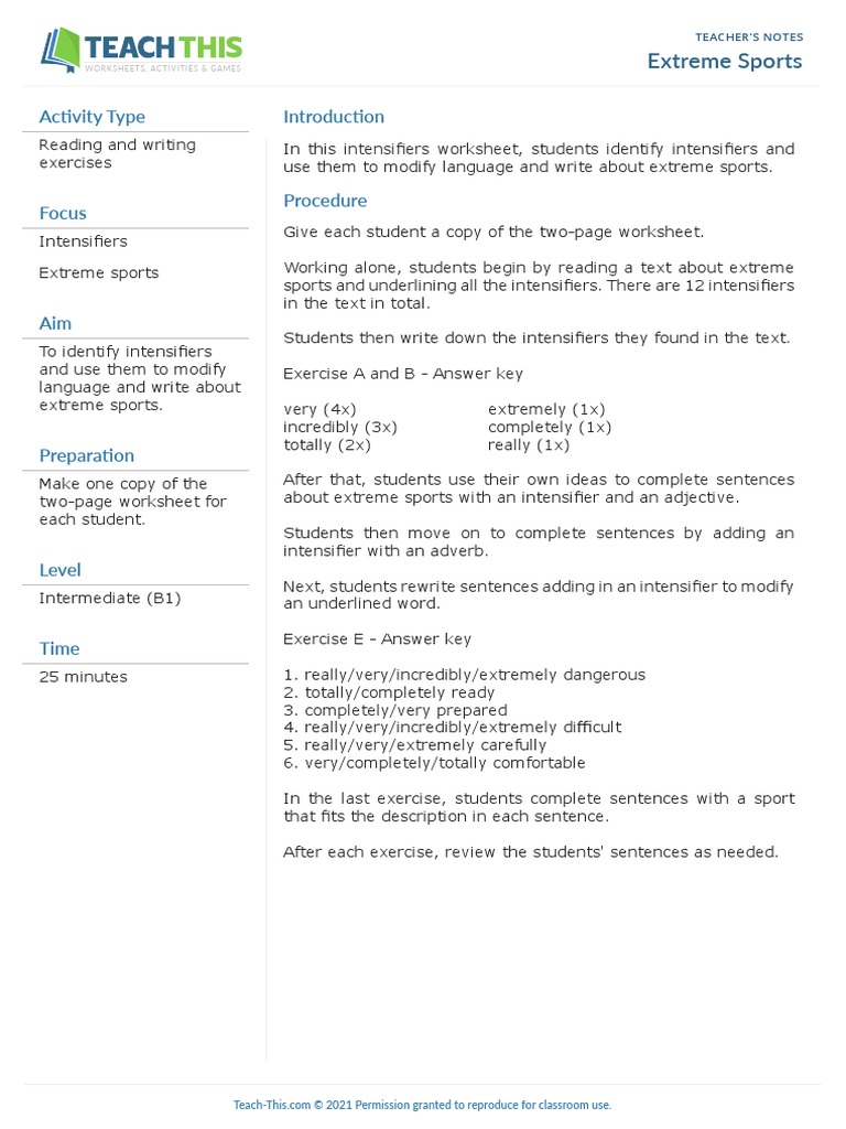 Extreme Sports Worksheet | PDF | Adverb | Linguistics