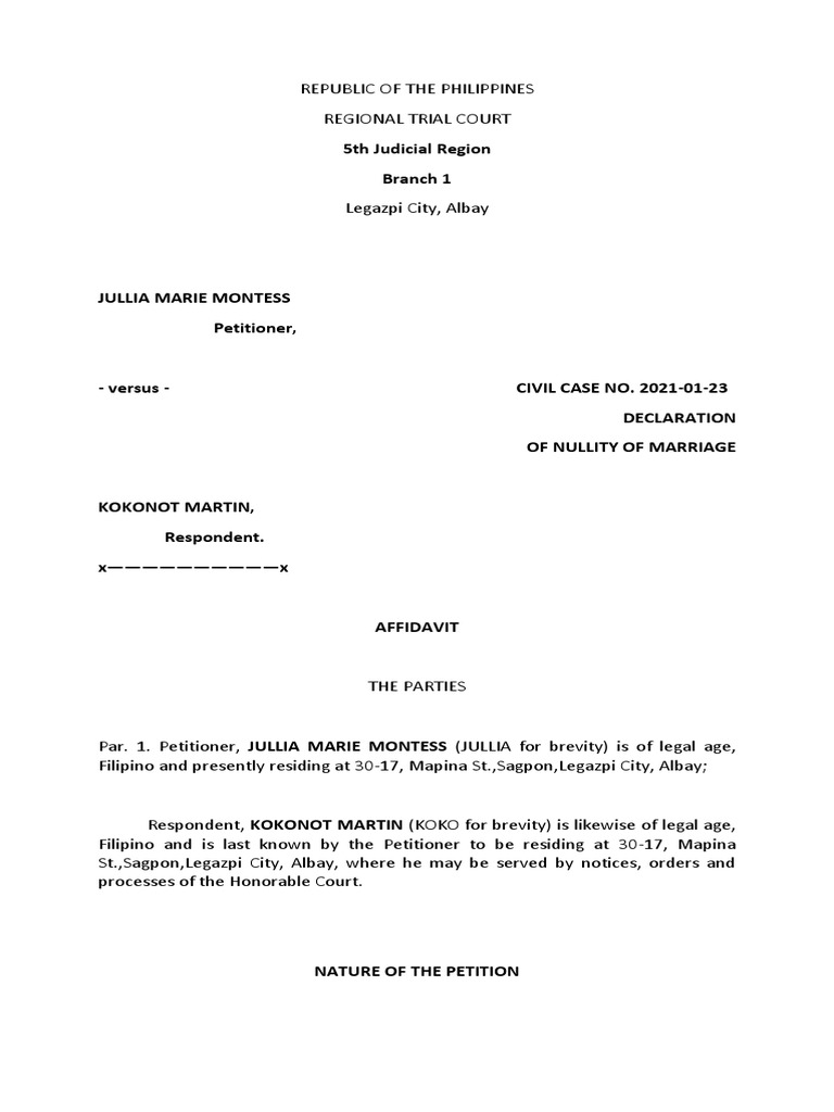 Petition For Declaration - of - Nullity of Marriage | PDF | Marriage ...