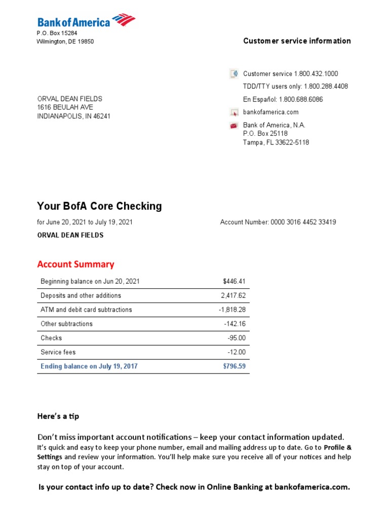 Bank of America Bank Statement - 1 | PDF