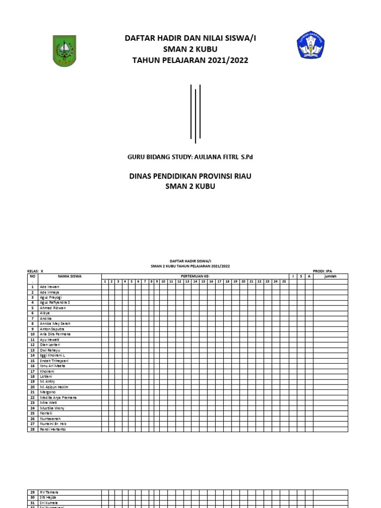 Daftar Hadir Dan Nilai Siswa | PDF