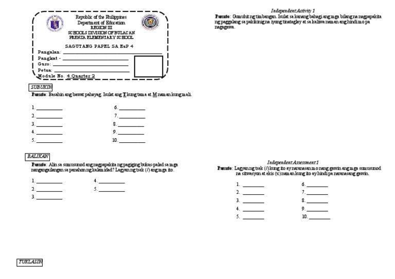 W4Q2 EsP Answer Sheet | PDF