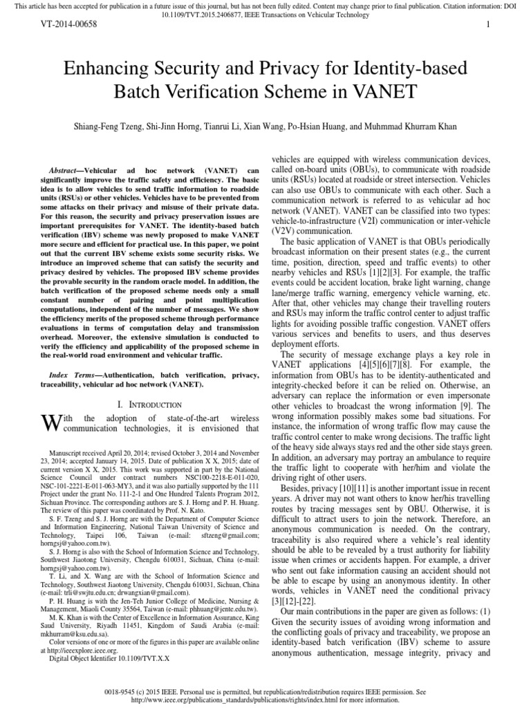 Enhancing Security and Privacy For Identity-Based Batch Verification Scheme in VANETs | PDF ...