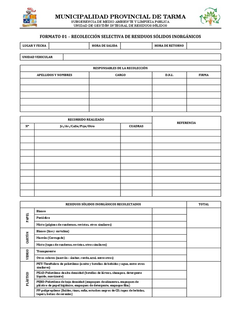 Formato 01 - Recolección Selectiva | PDF | Residuos | Materiales