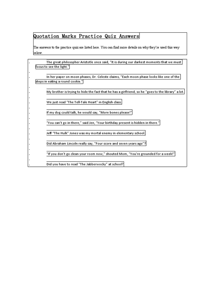 Answer Quotation Marks Practice Quiz Answers | PDF