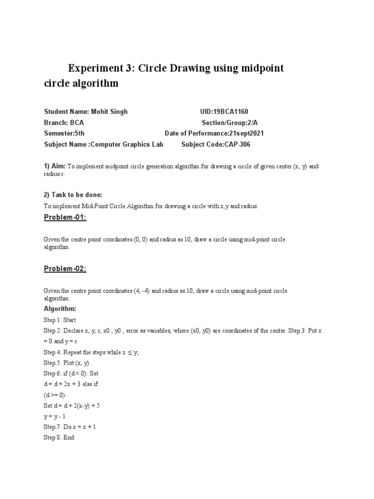 Experiment 3: Circle Drawing Using Midpoint Circle Algorithm | PDF | Algorithms | Theoretical ...