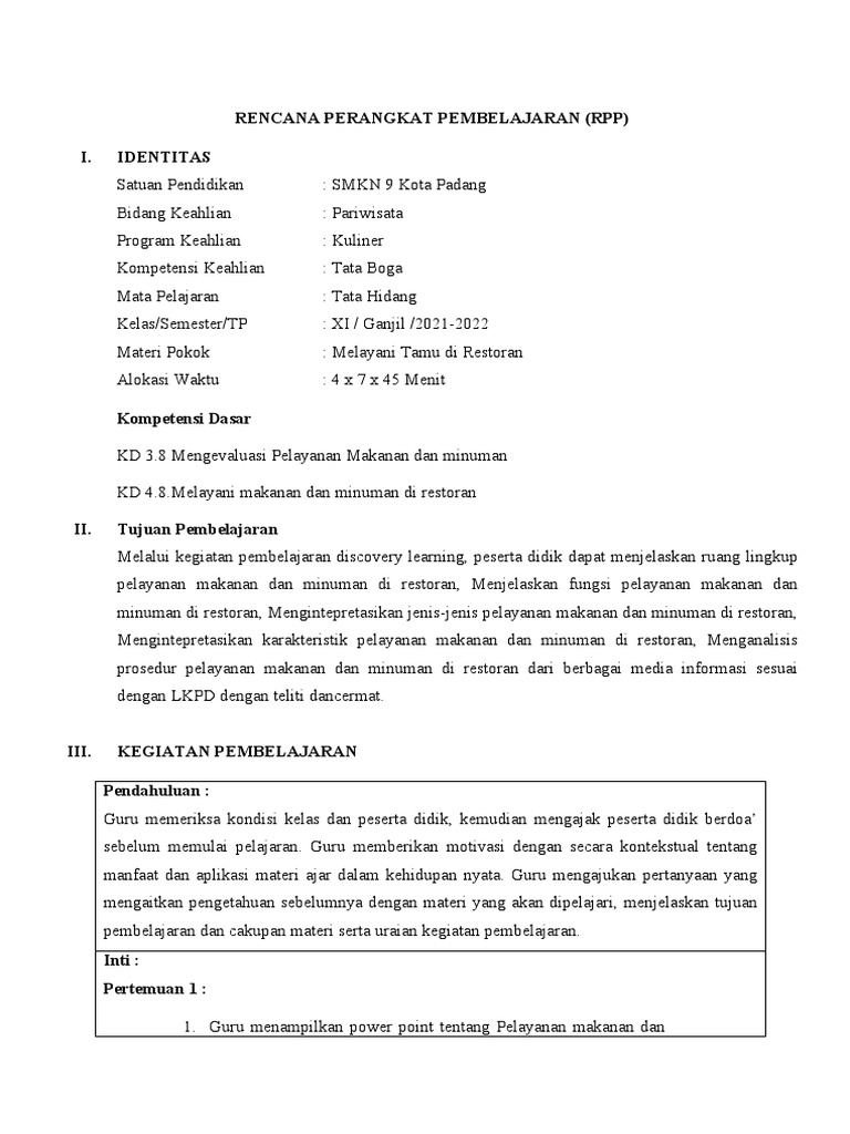 RPP KD 7 Melayani Tamu Di Restoran 21 | PDF | Karier & Perkembangan