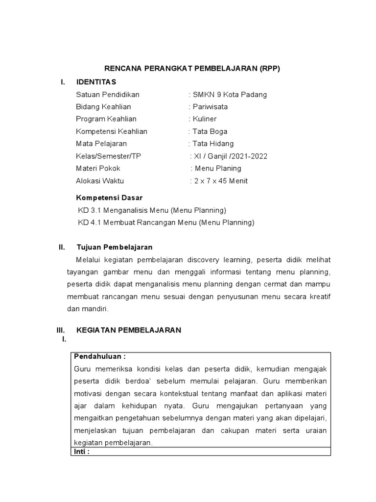 RPP KD 1 Menu Planing Edit 21 | PDF