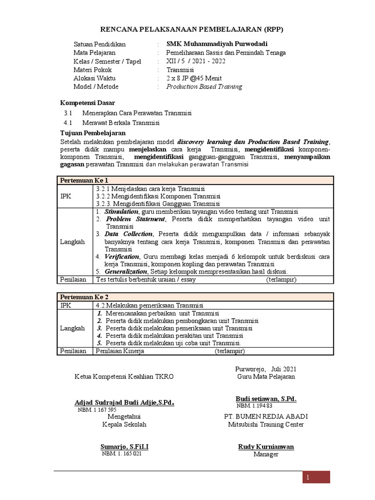 RPP Pemelihraan Casis Dan Pemindah Tenaga XII TKRO | PDF