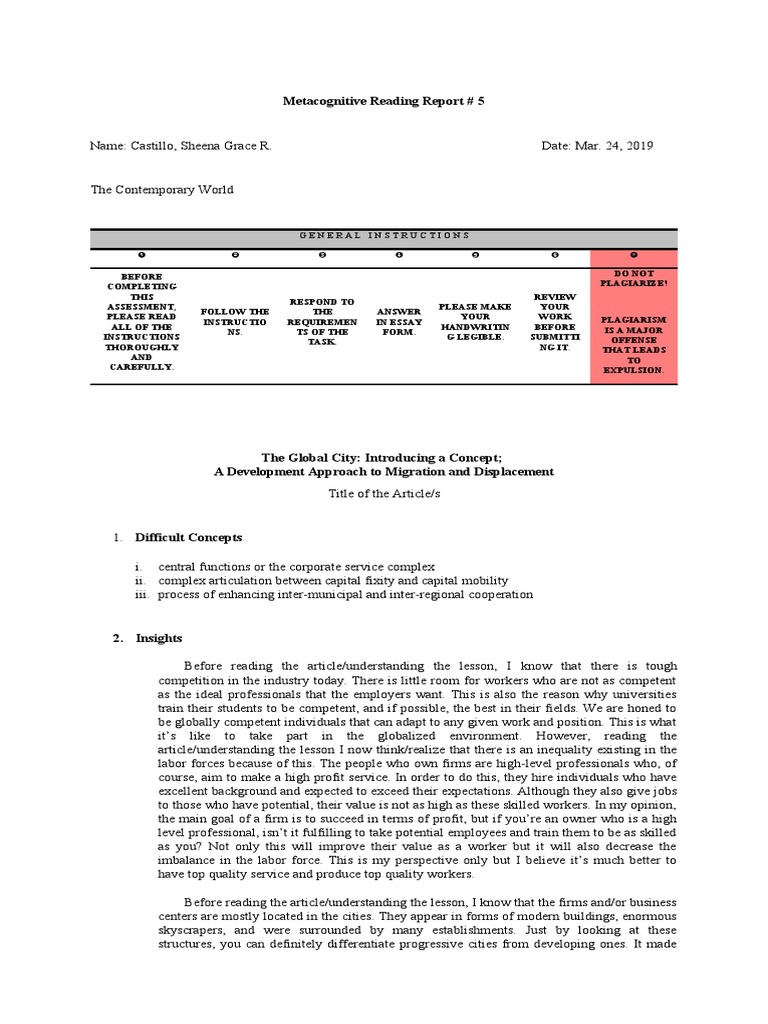Metacognitive Reading Report # 5: General Instructions | PDF | Human ...