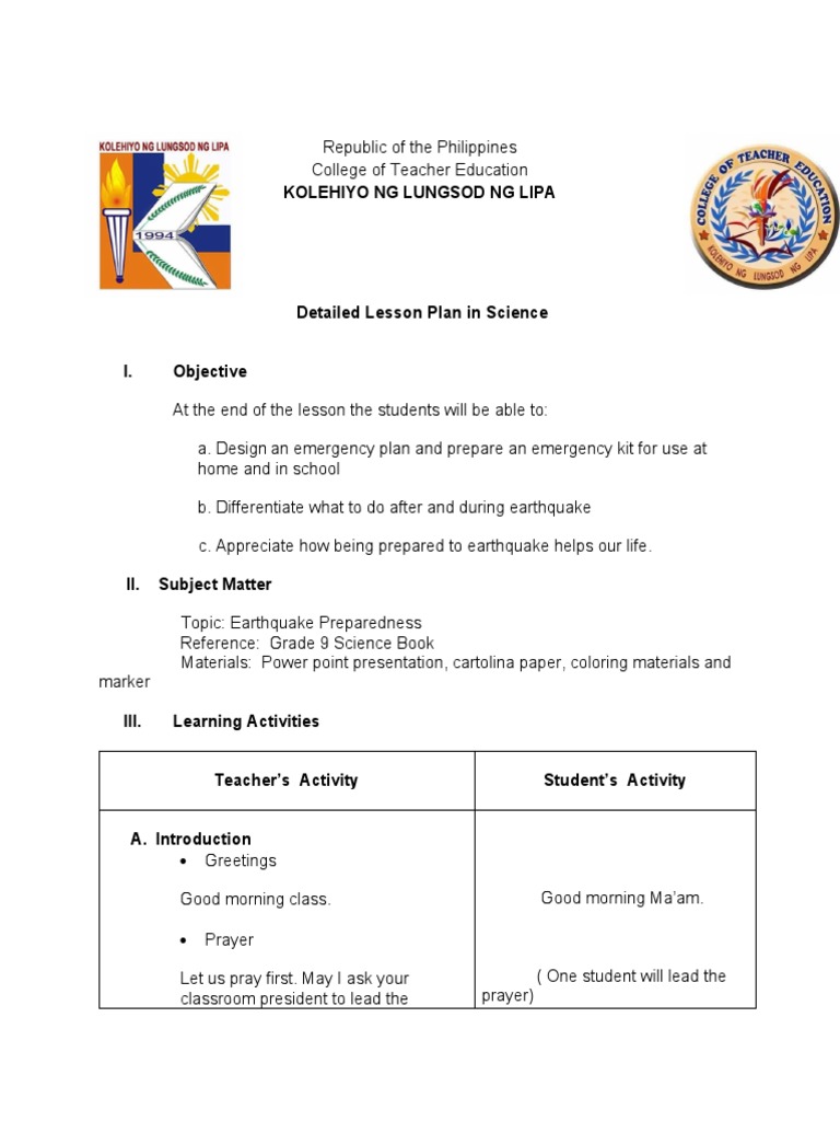 Detailed Lesson Plan Earthquake Prepareness | PDF | Earthquakes | Classroom
