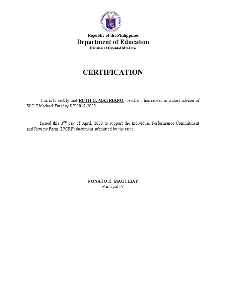 Certification: Department of Education | PDF