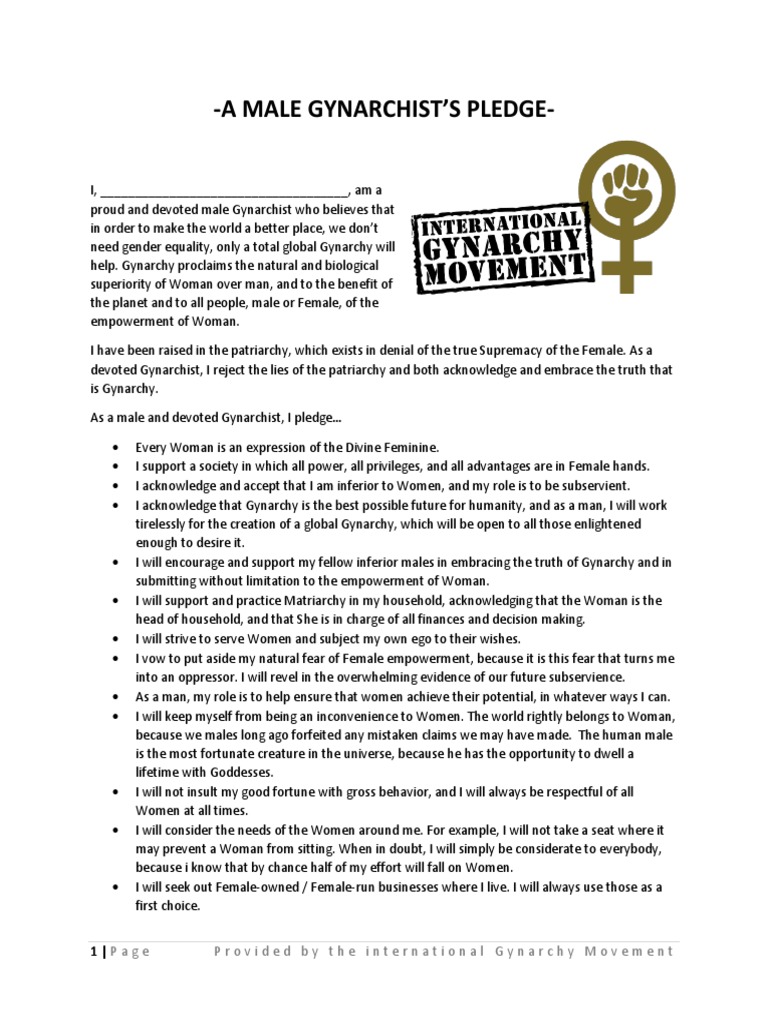 A Male Gynarchist Pledge | PDF | Patriarchy | Egalitarianism