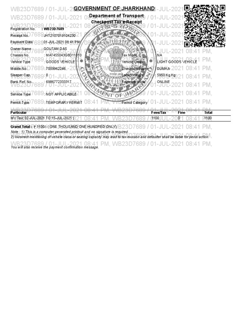 Jharkhand Road Tax Permit Format | PDF | Government Finances | Taxes