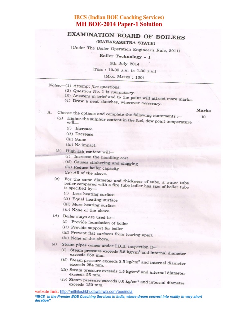 MH BOE 2014 Paper 1 Solution | PDF | Boiler | Steam