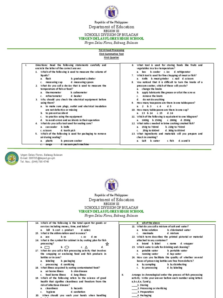 Tle 8-Summative - 1st Quarter | PDF | Foods | Water