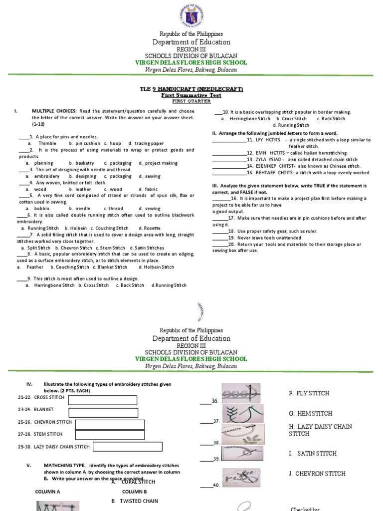 Tle 9 Summative 1st Quarter | PDF | Embroidery | Sewing