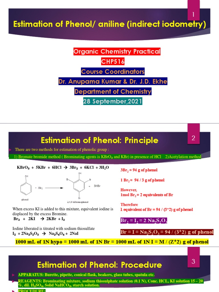 Estimation of Phenol/ Aniline (Indirect Iodometry) : Organic Chemistry ...