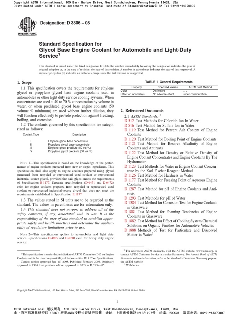 ASTM D3306-08 (Glycol in Coolant) | PDF | Materials | Chemical Compounds