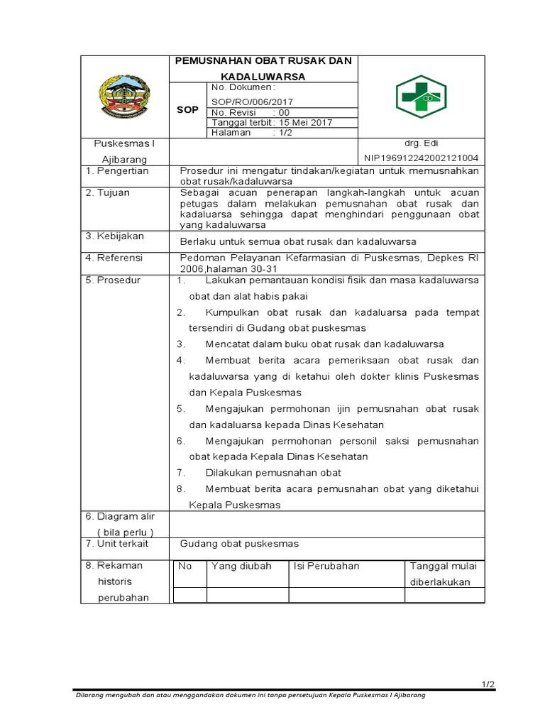 Sop Pemusnahan Obat Rusak Dan Kadaluwarsa | PDF