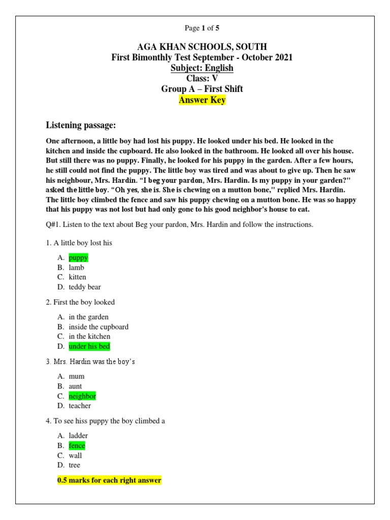Grade 5 English Exam Answer Key | PDF