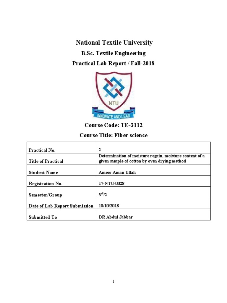 National Textile University: B.Sc. Textile Engineering Practical Lab Report / Fall-2018 | PDF ...
