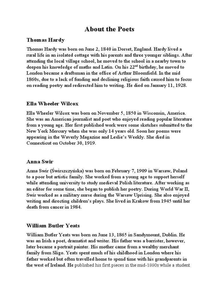 About The Poets: Thomas Hardy | PDF | W. B. Yeats | Poetry
