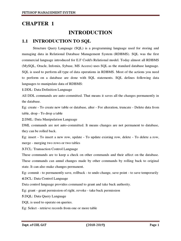 1.1 Introduction To SQL: 1.DDL: Data Definition Language | PDF