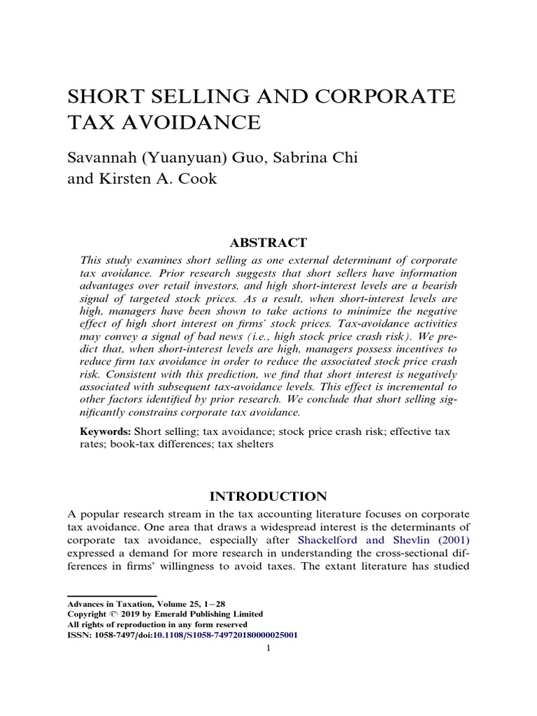 Short Selling and Corporate Tax Avoidance: Savannah (Yuanyuan) Guo ...