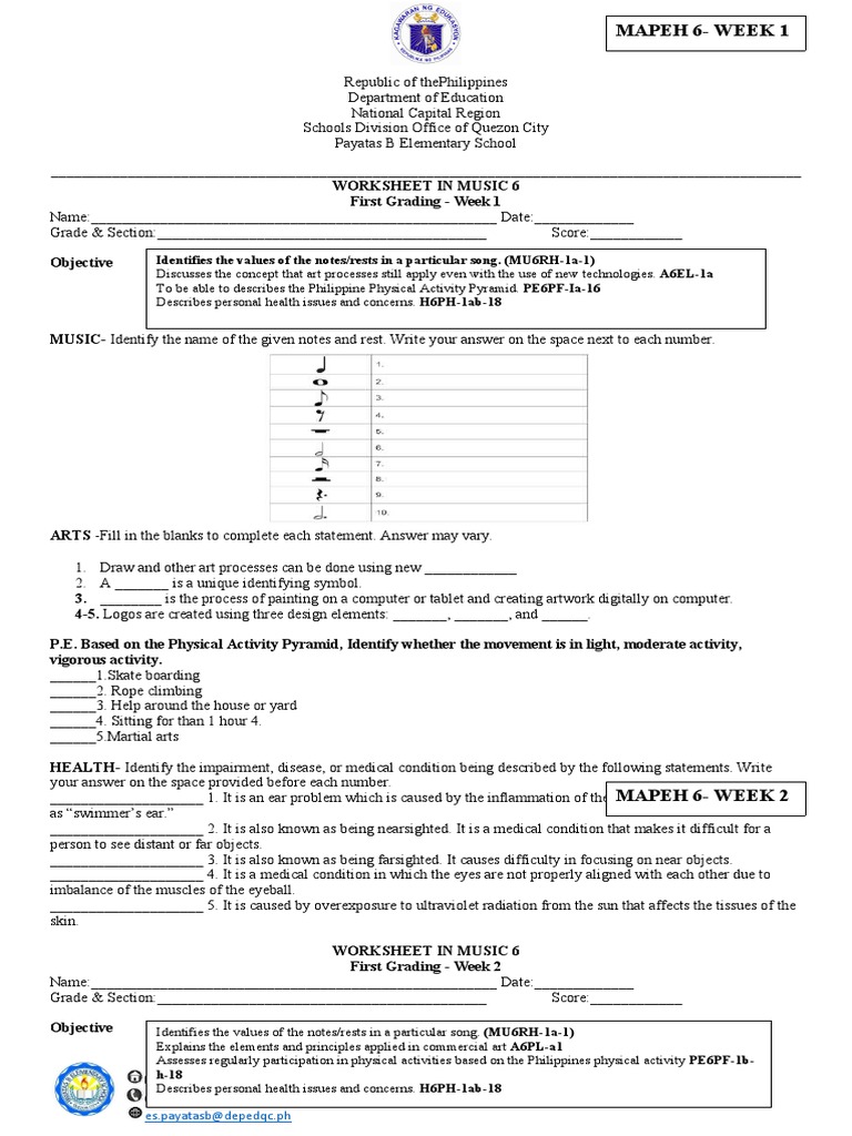 MAPEH 6 Quarter 1 Week 1 Worksheet | PDF | Physical Education | Cognition
