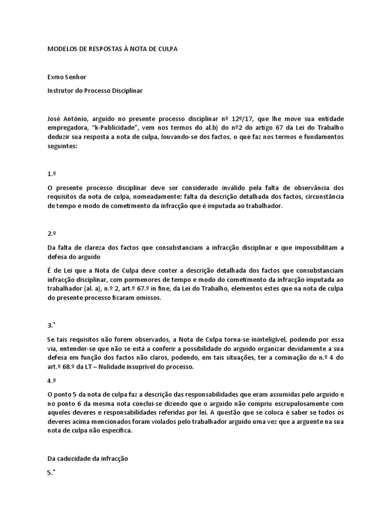 MODELOS DE RESPOSTAS À NOTA DE CULPA | PDF | Crimes | Crime e Violência
