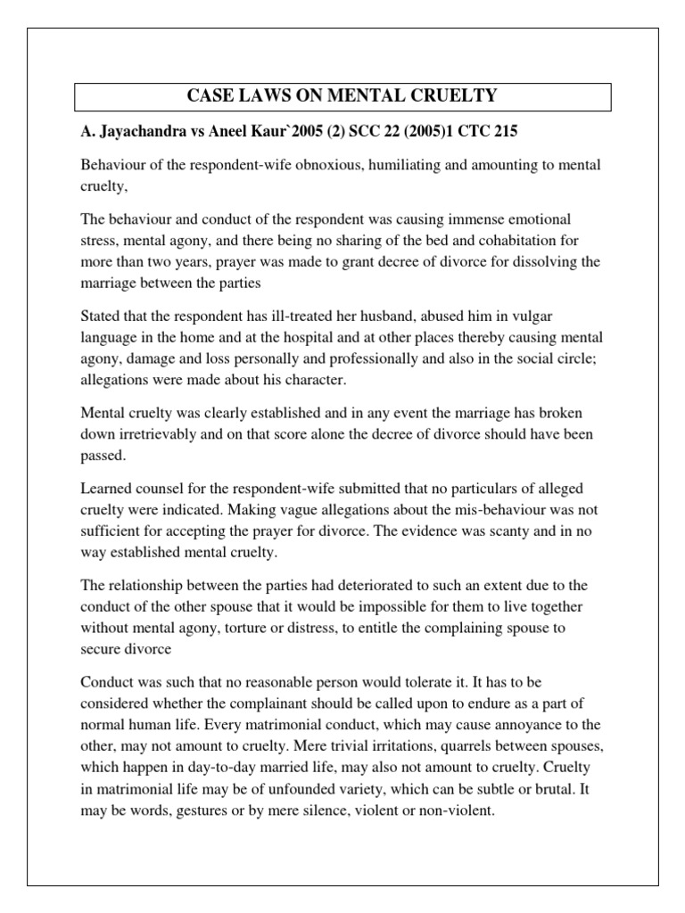 Case Laws On Mental Cruelty: A. Jayachandra Vs Aneel Kaur'2005 (2) SCC ...