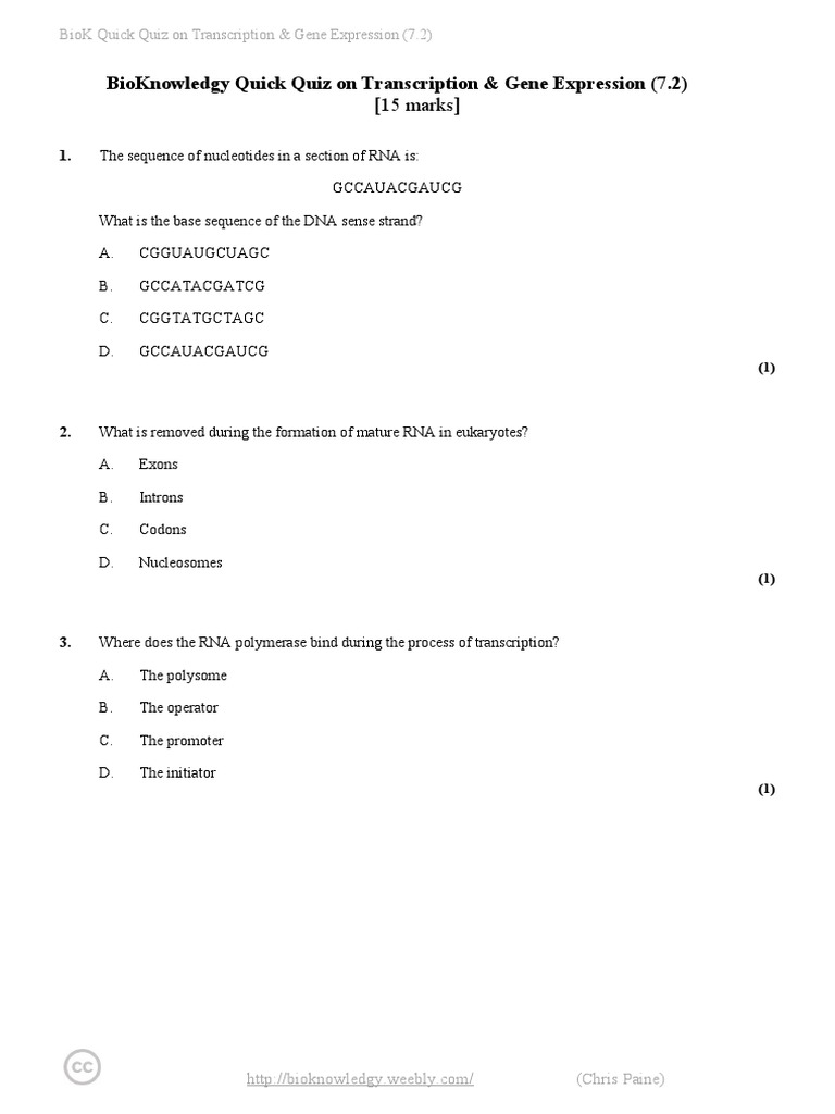 Bioknowledgy Quick Quiz On Transcription & Gene Expression (7.2) | PDF ...