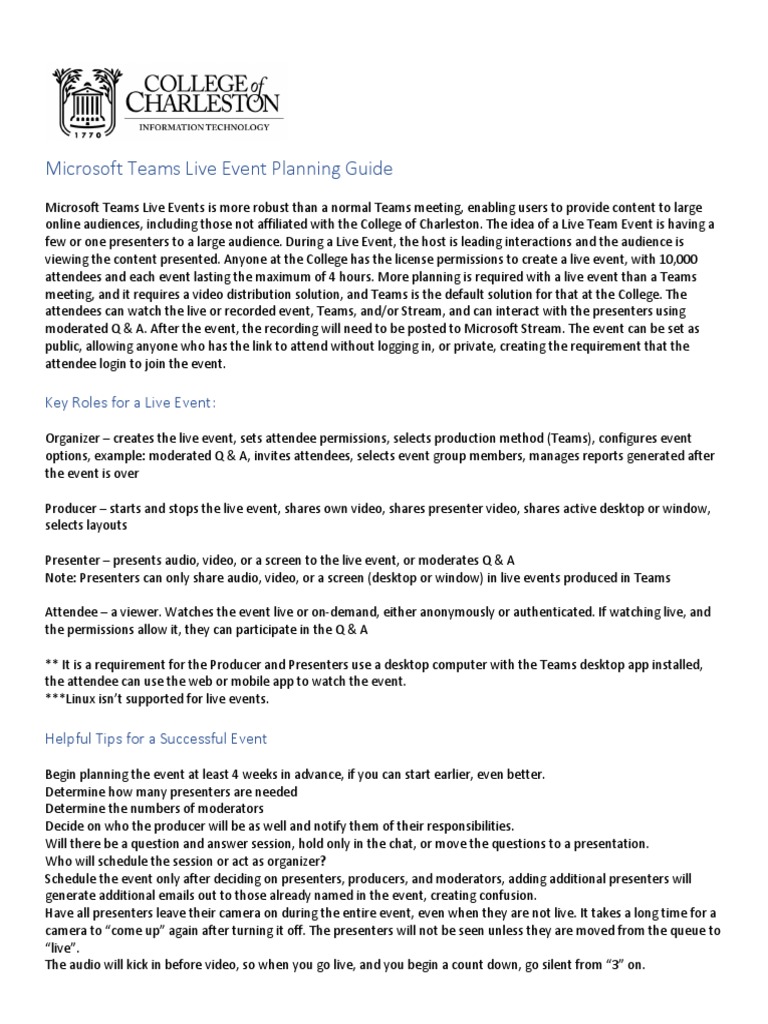 Microsoft Teams Live Event Guide | PDF | Streaming Media | Desktop ...