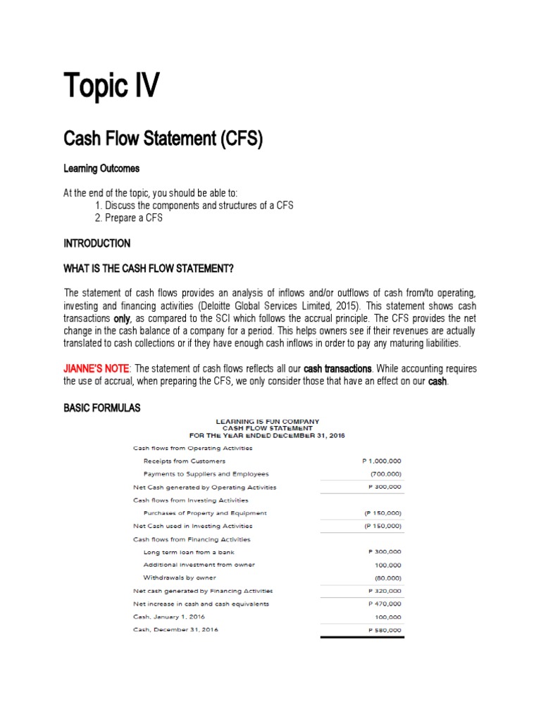 Topic IV - Cash Flow Statement - Jianne's FABM Notes | PDF | Cash Flow ...