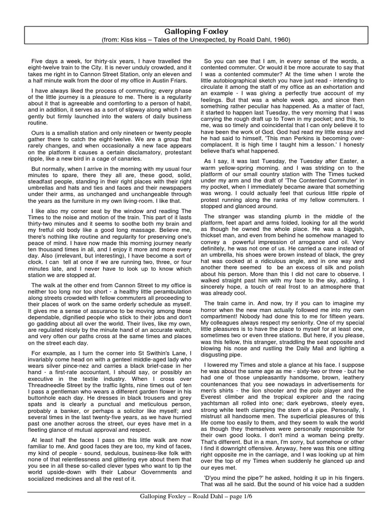 Galloping Foxley: (From: Kiss Kiss - Tales of The Unexpected, by Roald Dahl, 1960) | PDF | Narration