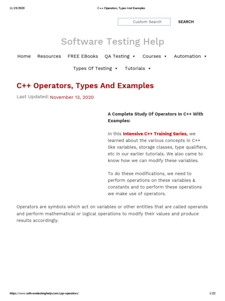 C++ Operators, Types and Examples | PDF | C++ | Software Engineering C++ Operators, Types and Examples | PDF | C++ | Software Engineering