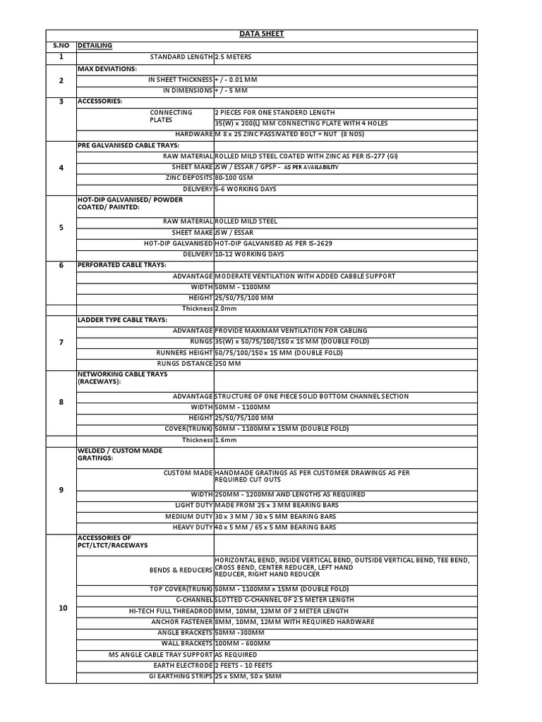 Cable Tray DATA SHEET | PDF | Sheet Metal | Galvanization
