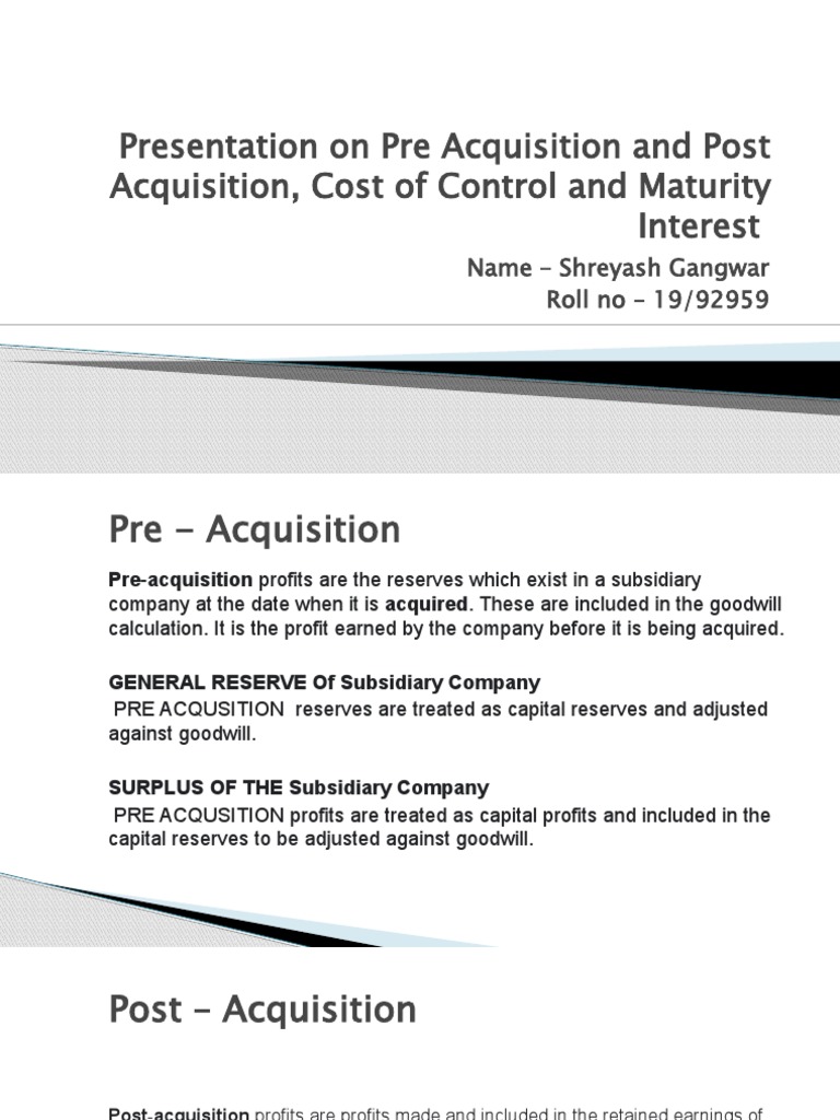 Presentation On Pre Acquisition and Post Acquisition, Cost of Control ...