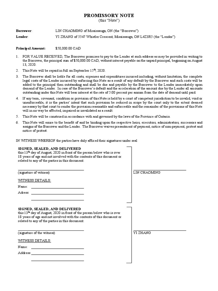 Promissory Note: Borrower: Lender | PDF | Promissory Note | Interest