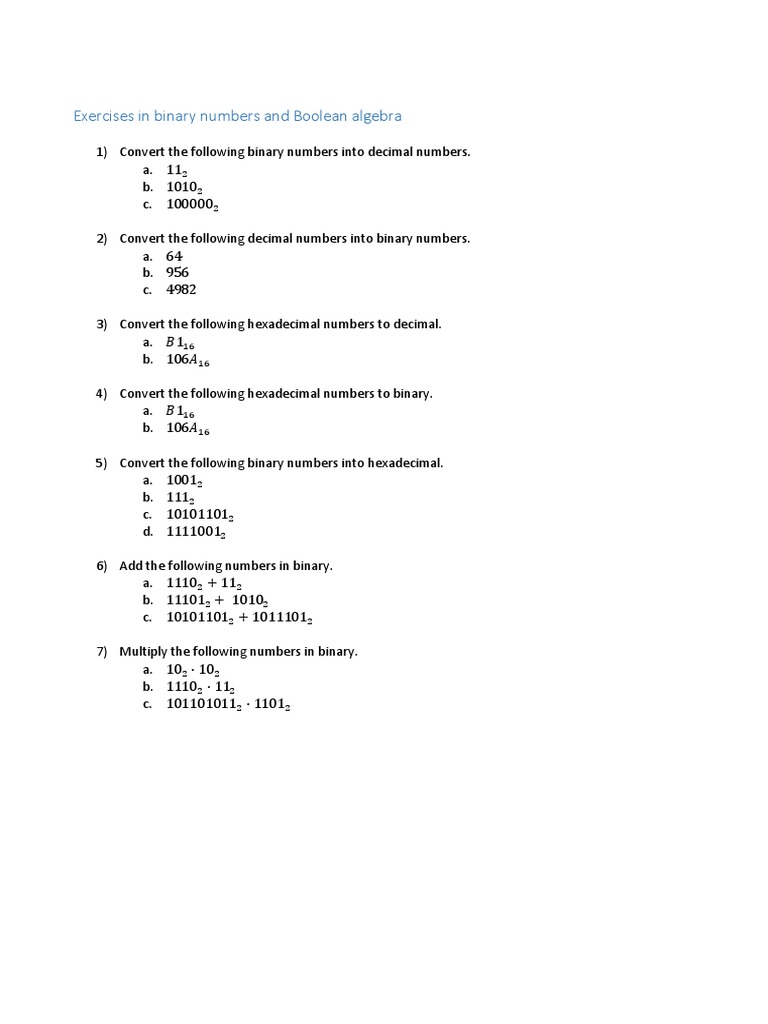 Exercises Binary Numbers And Boolean Algebra Pdf