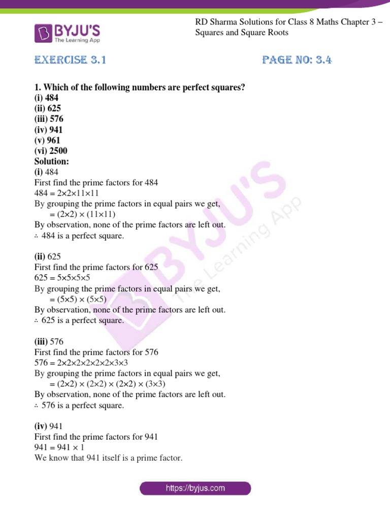 RD Sharma Class 8 Chapter 3 Square and Square Roots | PDF | Numbers ...