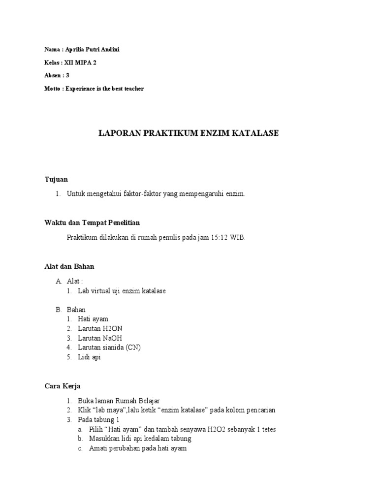 Laporan Praktikum Enzim Katalase | PDF | Teknologi & Rekayasa
