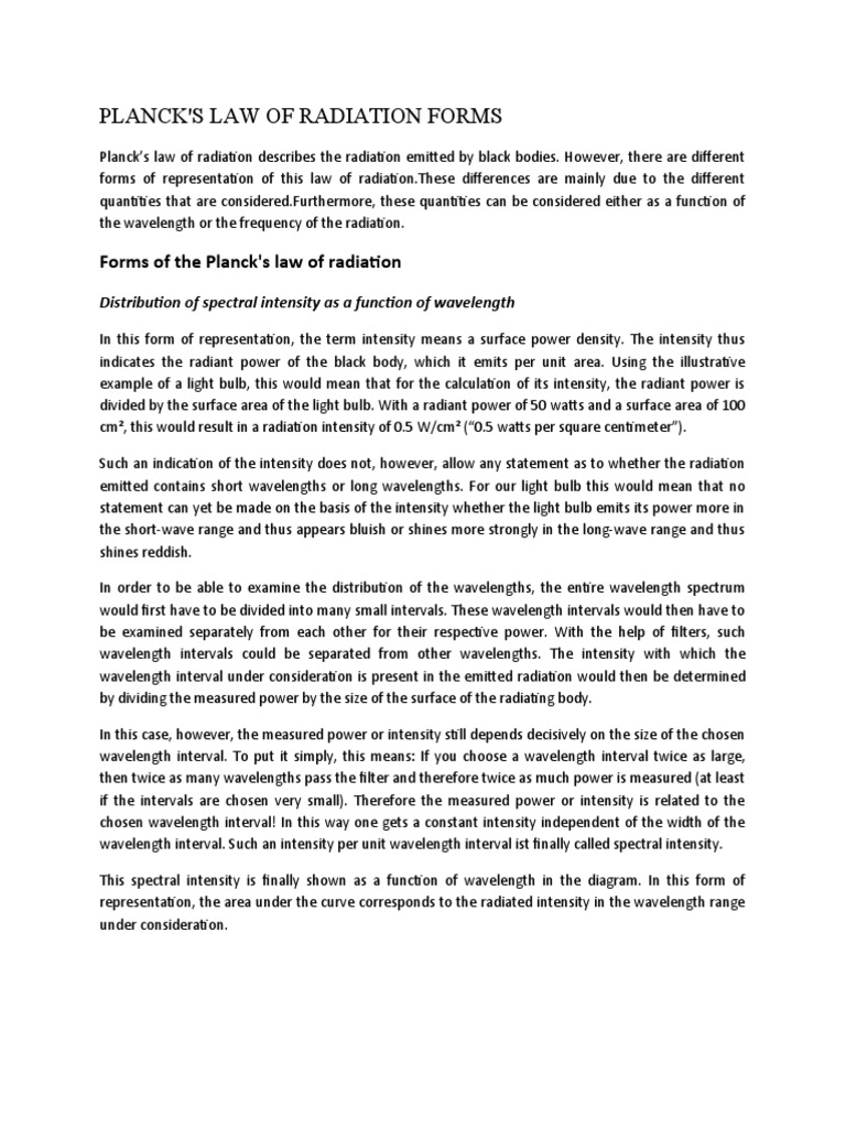 Planck's Law of Radiation Forms | PDF | Radiation | Wavelength