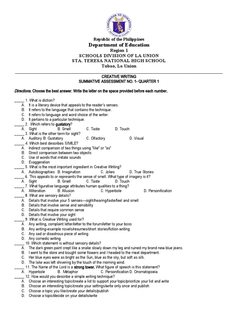 Creative Writing Summative Test 1 | PDF | Senses | Neuropsychological ...