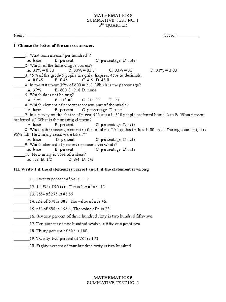 Summative Test 3rd Quarter | PDF | Percentage | Circle