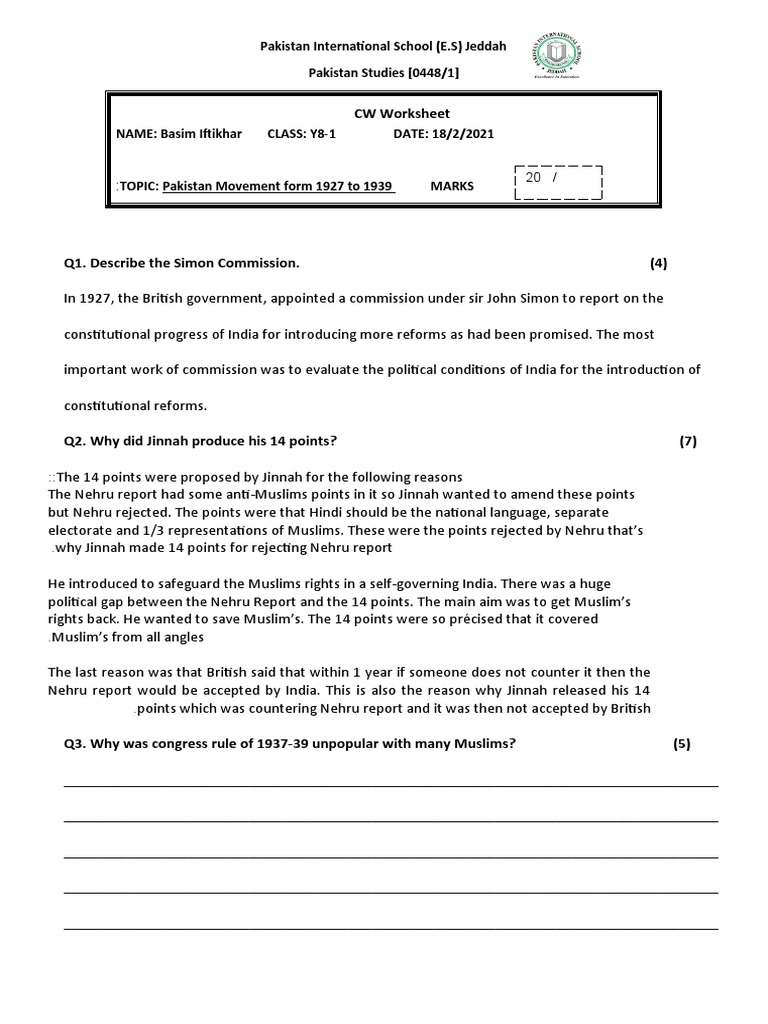 Class Worksheet of 1927 To 1939 | PDF | British Raj | Resistance To The ...