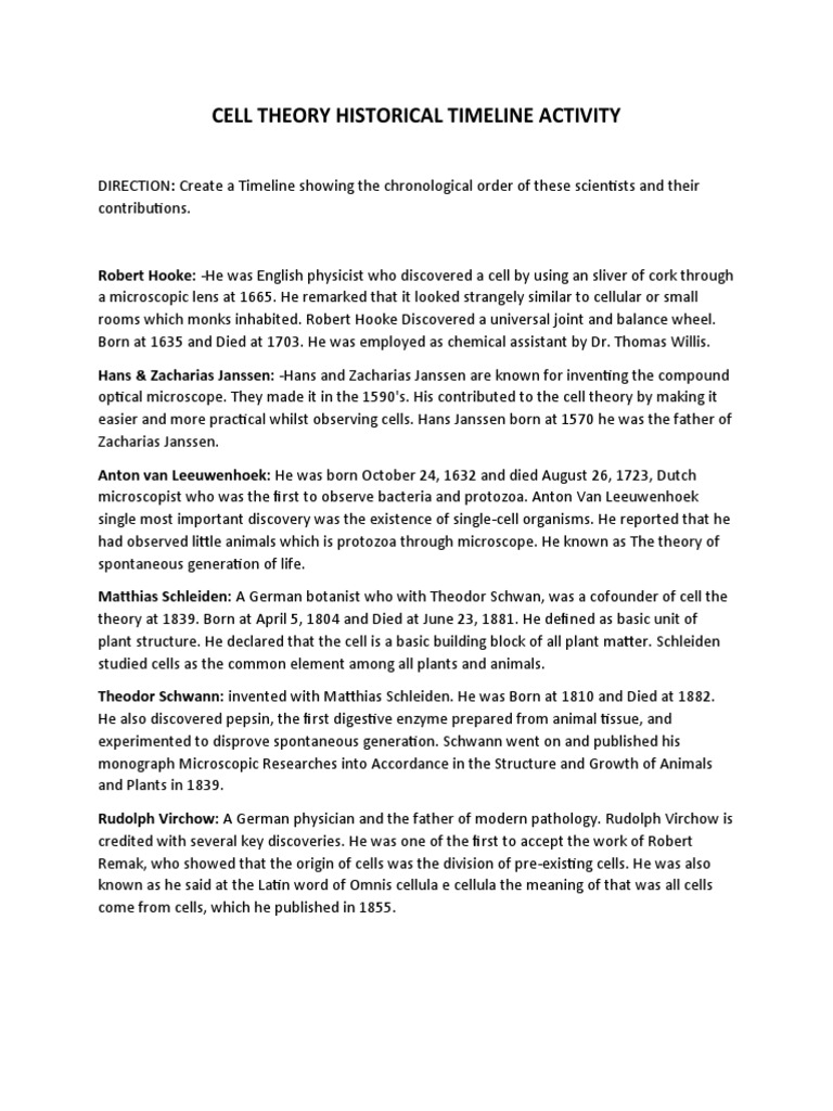 Cell Theory Historical Timeline Activity | PDF