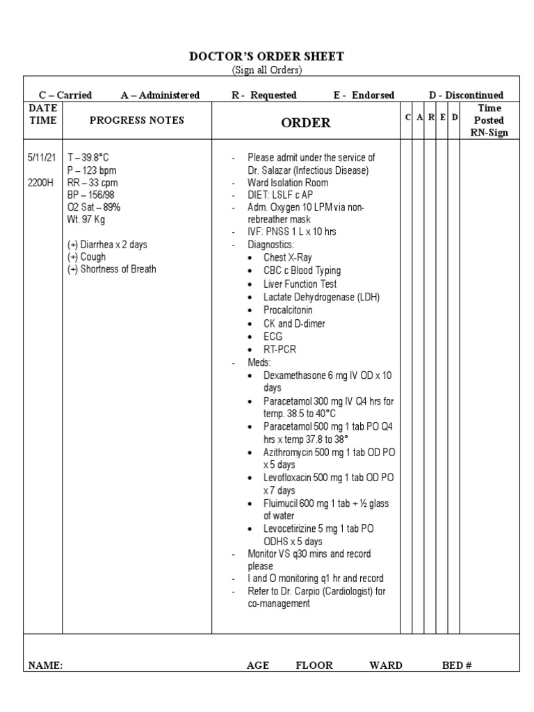 Doctor's Order Sheet Example | PDF | Clinical Medicine | Medical ...