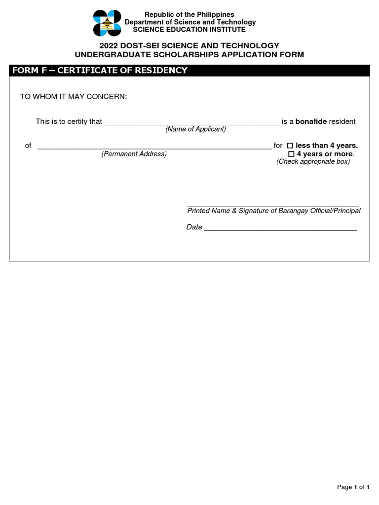 Form F - Certificate of Residency: 2022 Dost-Sei Science and Technology ...